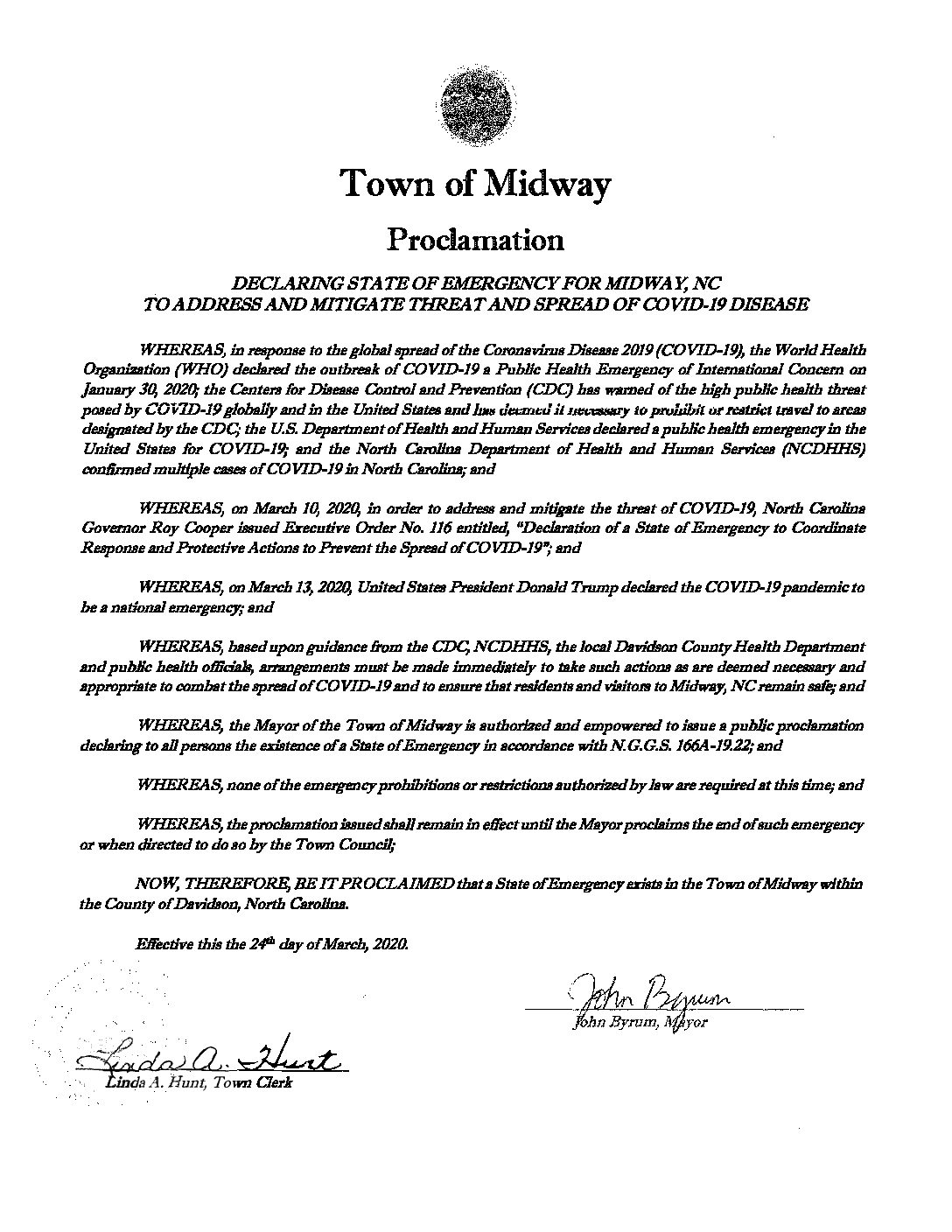 Proclamation – State of Emergency – Covid19 | Town of Midway, NC