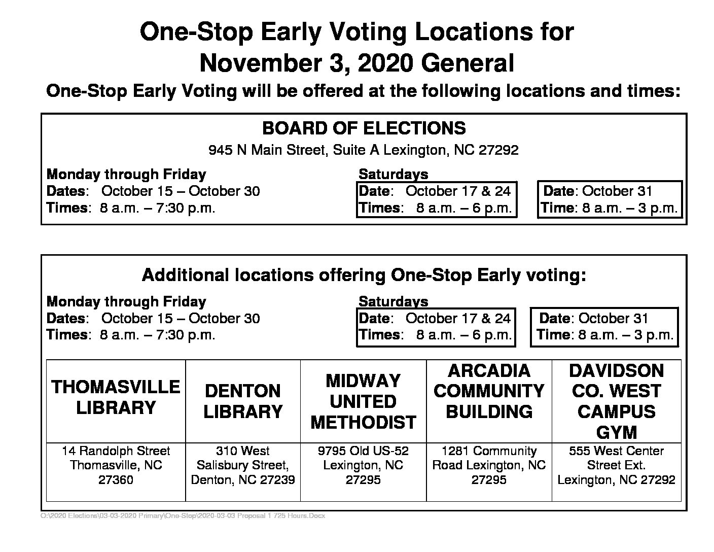2020-11-03 General Early Voting Schedule | Town of Midway, NC
