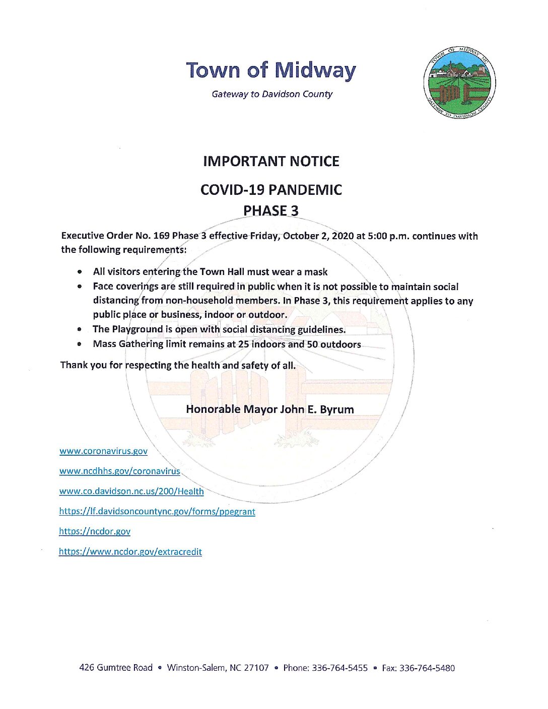 COVID-19 Phase 3 | Town of Midway, NC