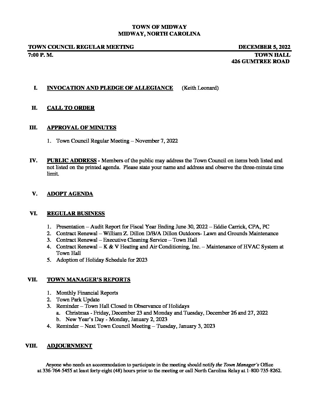 AGENDA – DECEMBER 5, 2022 – TOWN COUNCIL | Town of Midway, NC