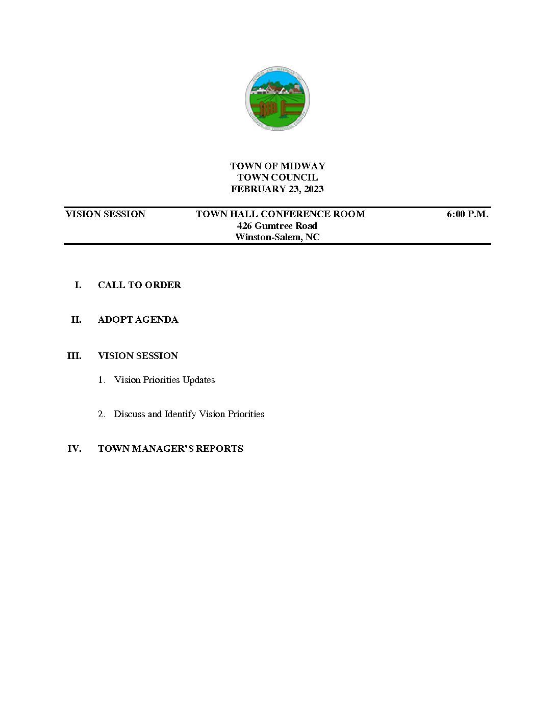 AGENDA – VISION SESSION – FEBRUARY 23, 2023 | Town of Midway, NC