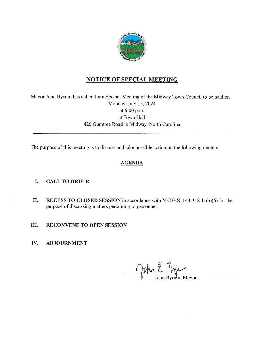 Special Meeting Notice July 15 2024 | Town of Midway, NC