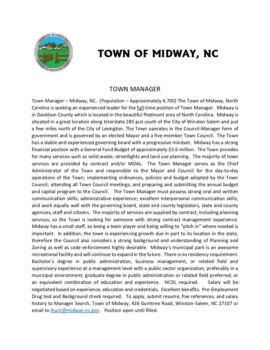 TOWN MANAGER – ADVERTISEMENT – FINAL | Town of Midway, NC