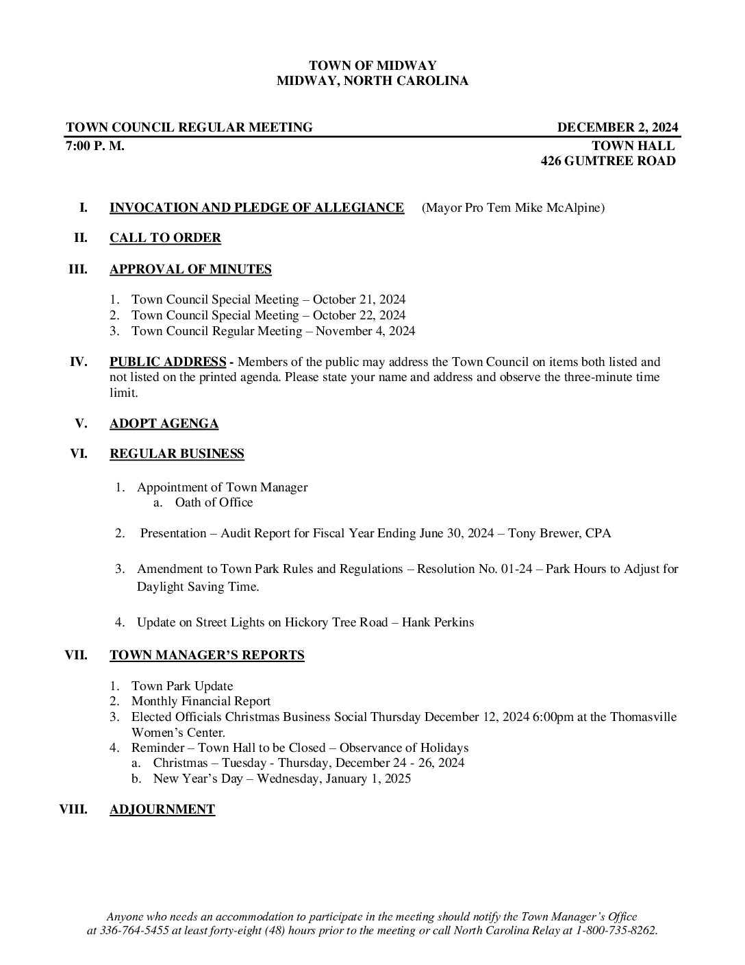 AGENDA -December 2, 2024 | Town of Midway, NC